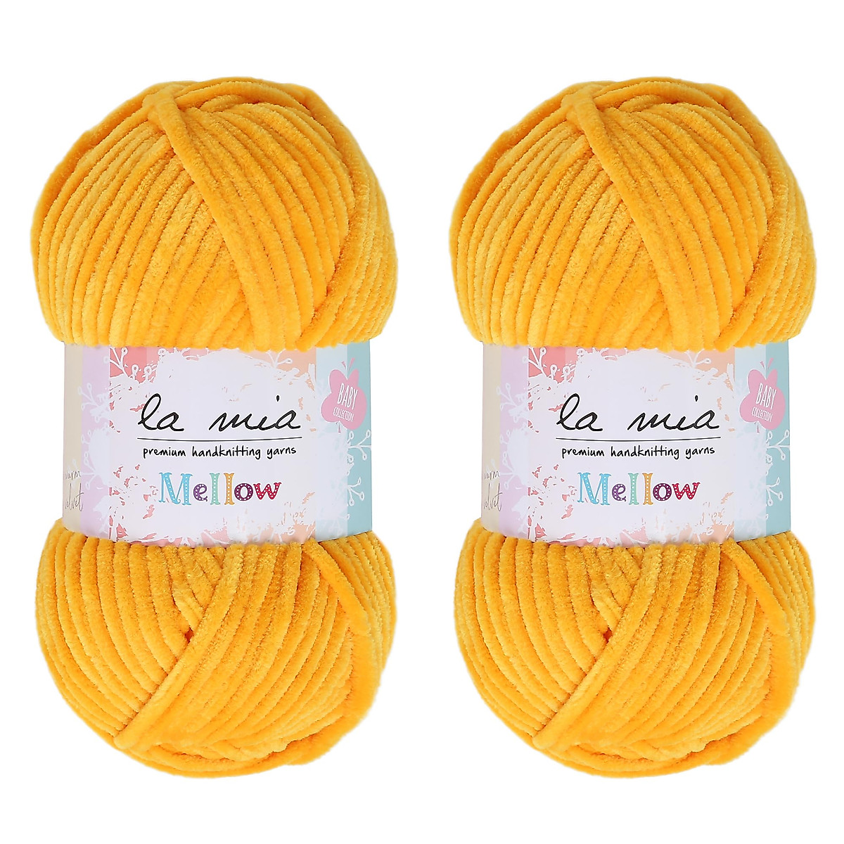 2 Skein La Mia Mellow Velvet Chenille Yarn for Knitting and Crocheting Baby Clothes, Blankets and Accessories, 100% Polyester, 100 gr (3.5 oz) / 115 m (125 Yards), Super Bulky, Yellow - 947