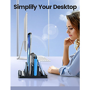 Vaydeer Plastic Dual-Slot Adjustable Vertical Laptop Stand 4 in 1 Design Space-Saving for All MacBook, Chromebook, Surface, Dell, iPad Up to 17.3 Inches - Black