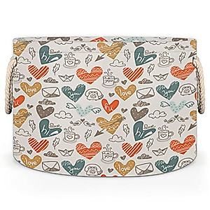 Love Heart Birds Letter Pattern Large Round Baskets for Storage Laundry Baskets with Handles Blanket Storage Basket for Bathroom Shelves Bins for Organizing Nursery Hamper Girl Boy