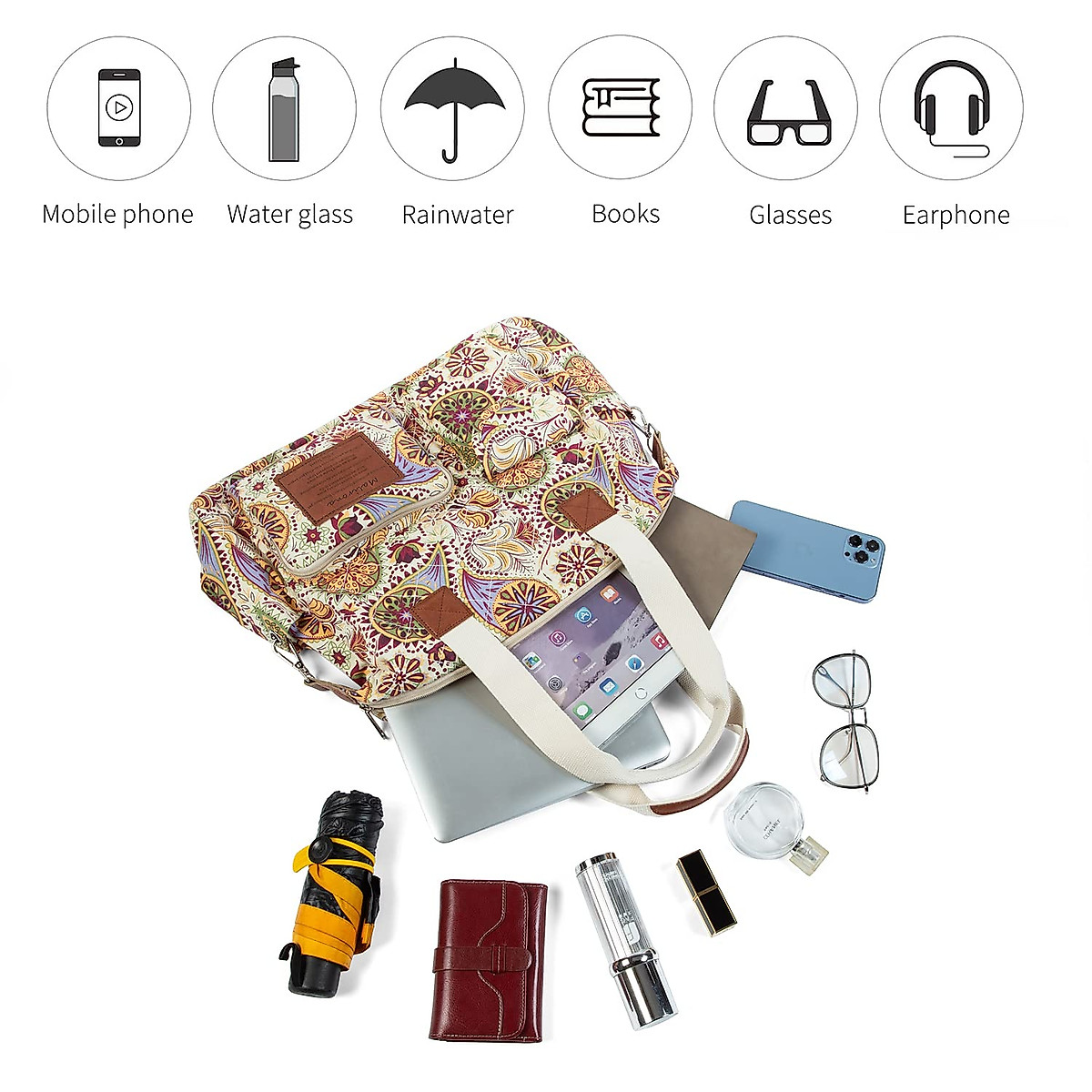 Malirona Canvas Shoulder Bag Travel Handbag Women Top Handle Satchel Crossbody Purse Floral Design (Yellow Flower)