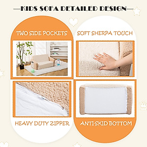 SUFUS Baby Toddler Sofa Couch for Kids Extra Wide 2-in-1 Toddler Sherpa Fold Out Couch Bed for Playroom, Pull Out Children Convertible Sofa to Lounger for Boys & Girls with Double Pockets, Khaki-Cream