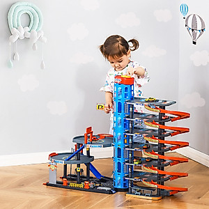 Qaba 7-Level Car Parking Garage Toy Race Tracks Car Ramp Set Toddler Car Games 96PCS w/Cars & Helicopter Elevator Gas Station Car Repair Station for 3-6 Years Old