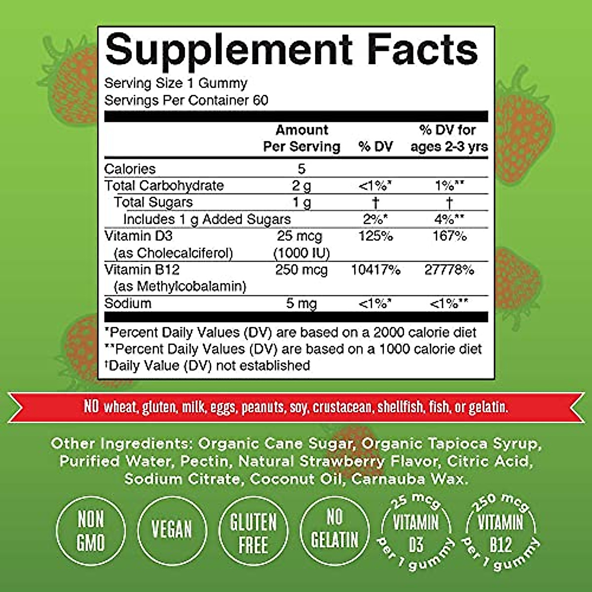 Vitamin D3 + Vitamin B12 | 2 Month Supply | Vitamin D & B12 Vitamin Supplements for Adults & Kids | Supports Bone Health | Promotes Energy Boost | Vegan | Non-GMO | Gluten Free | 60 Servings