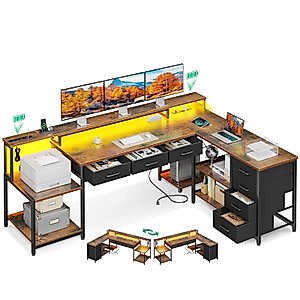 AODK 79" L Shaped Desk with 7 File Drawers, L Shaped Computer Desk with 2 Power Outlets & Monitor Shelf, Home Office Desk with Storage Shelves, Reversible Gaming Desk with LED Light, Vintage