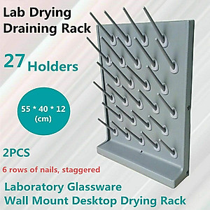 Eapmic 2 Pcs Laboratory Drying Rack Detachable 27 Pegs Wall Mount Glassware Drying Rack Built-in Molded Drain Pan, Lab Supply Pegboard for Tube Beaker Flask Dry