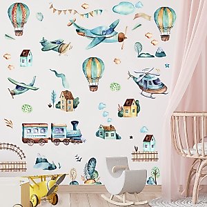 RW-KSY2 Green Airplane Hot Air Balloons Wall Decals House Tree Train Road Wall Stickers DIY Removable Countryside View Mountain Stars Cloud Decor for Kids Teens Bedroom Living Room Nursery Decoration