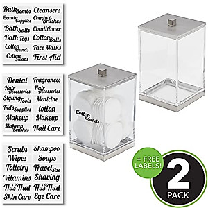 mDesign Acrylic Storage Organizer Canister Jar with Labels, Large Containers - Bathroom Storage, Organization for Vanity, Counter, or Makeup Table, Lumiere Collection, Set/2 + Labels, Clear/Brushed