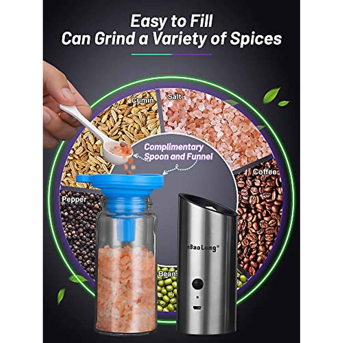 [Most Popular Pepper Grinder]USB Rechargeable Electric Salt and Pepper Grinder Set,XinBaoLong Stainless Steel Pepper Grinder Refillable,Adjustable Coarseness,Gravity Salt and Pepper Grinder Set