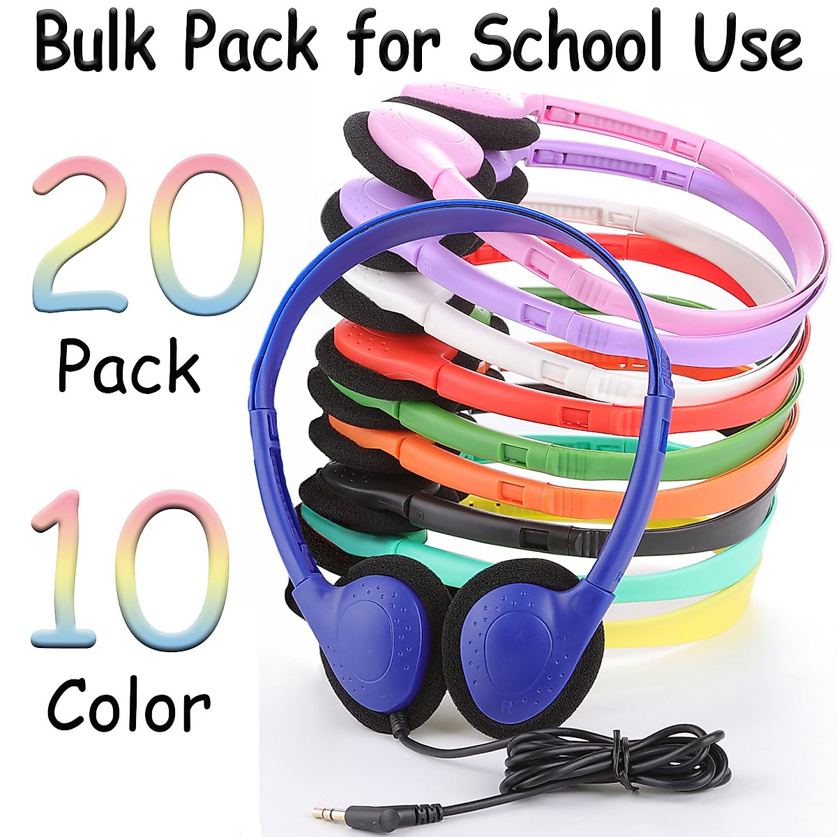 Ladont 20 Pack Bulk Classroom Headphones for Students Kids School, Wholesale Headphones Class Set with 3.5mm Jack for Chromebook Laptop PC Computer(10 Mixed Colors)