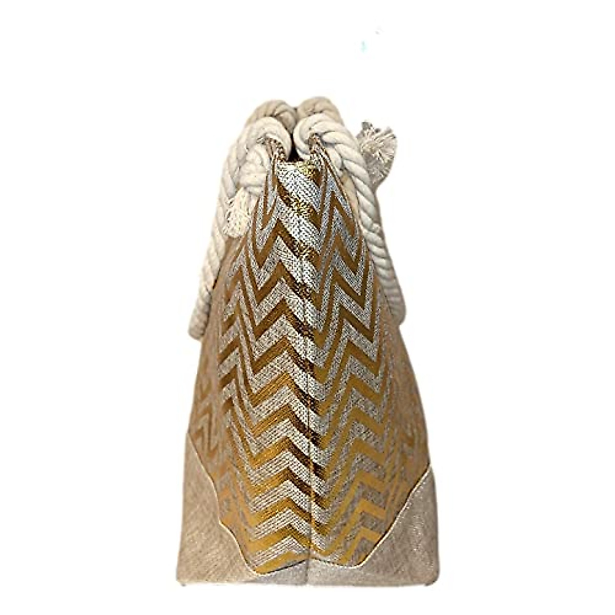 Large Women Metallic Print Tote Beach Bag with Zipper Top - Silver or Gold - Chevron or Stripe Pattern - Can be Personalized with Initial, Monogram or Name (Gold Chevron)