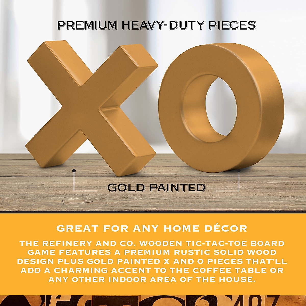 Refinery Premium Solid Wood Tic-Tac-Toe Board Game, Giant Gold 14” Coffee Table Home Decor, Classic Indoor/Outdoor Party Game for Children & Adults