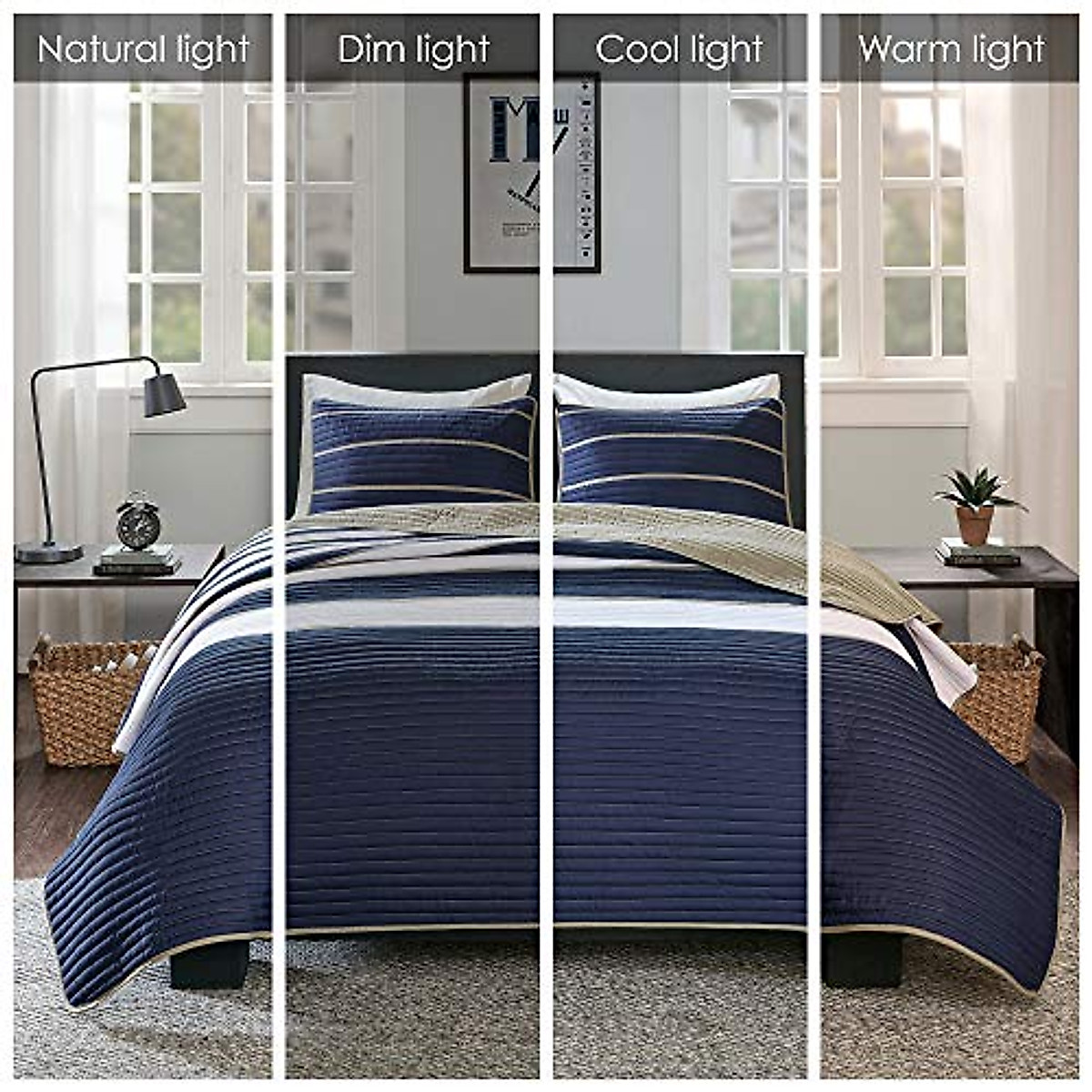 Comfort Spaces Quilt Set Trendy Casual Fun, Vibrant Color Design, Hypoallergenic All Season, Lightweight Coverlet Bedspread Cozy Kids Bedding & Sham Full/Queen Verone White Blue Stripe 3 Piece