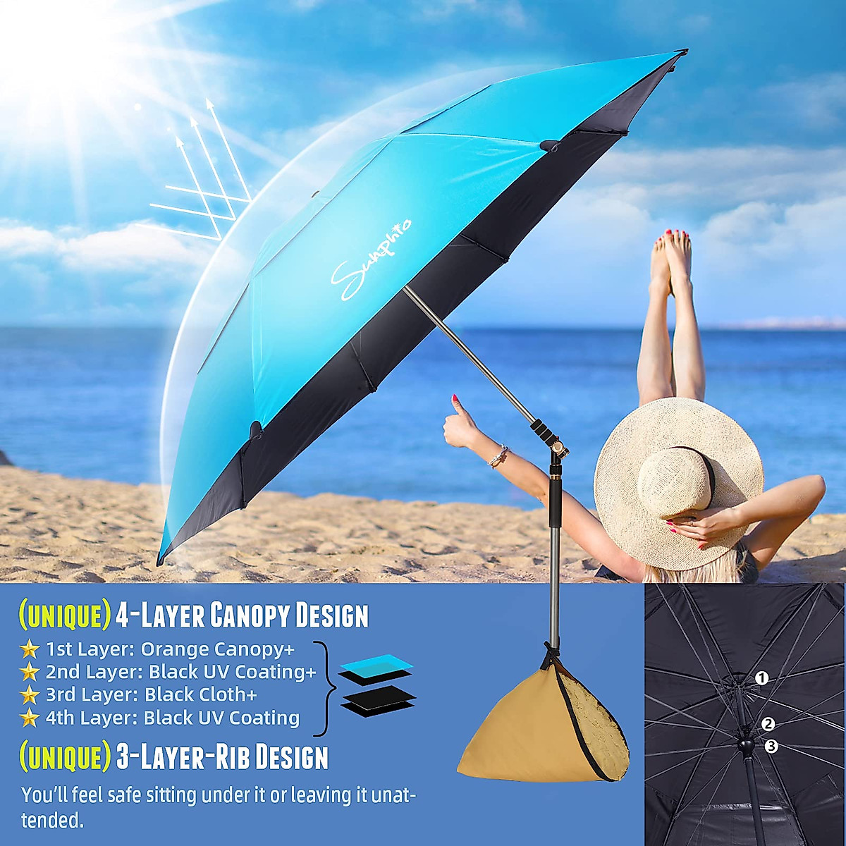 Sunphio Beach Umbrella with Sand Anchor, Heavy Duty, High Wind Resistant, Portable and Large Windproof Beach Umbrellas with Sand Bags for Travel, Best Sun Protection UV