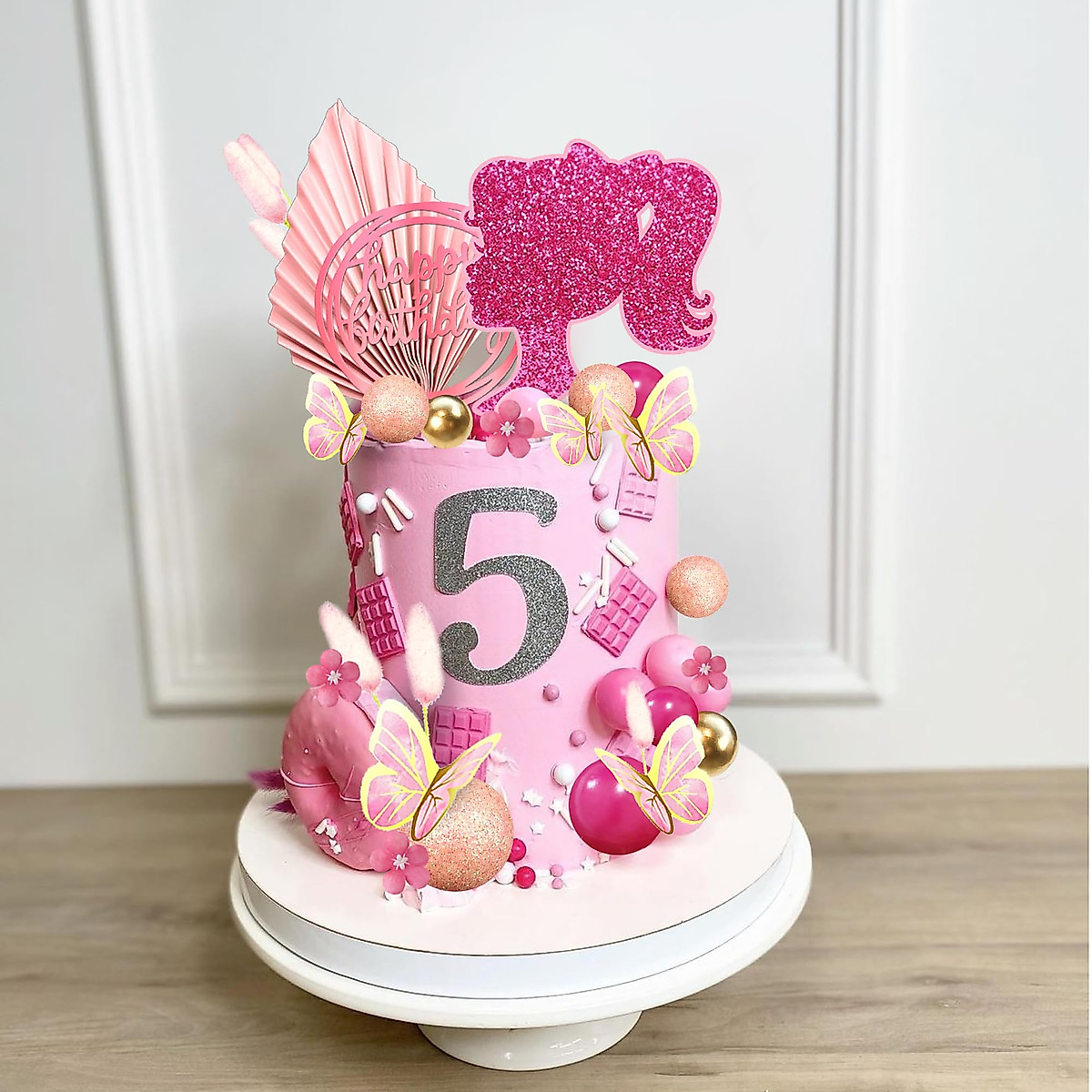 Hot Pink Girl Cake Toppers with Pink and Gold Butterfly Balls Cake Topper for Wedding Baby Shower Anniversary Girl Birthday Themed Party Supplies (Style 1)