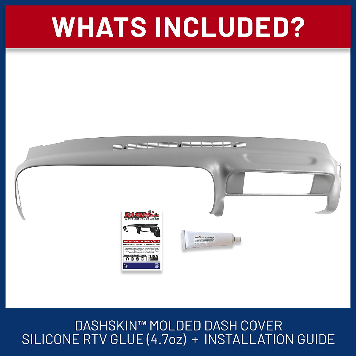 DashSkin Molded Plastic Dash Cover Compatible with 1997-2000 C1500/K1500 Tahoe Suburban Yukon & 1997-2000 Escalade in Medium Grey - Easy Cracked Dashboard Fix - Made in America