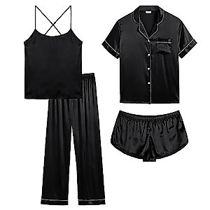 SWOMOG 4 Pcs Silk Pajamas for Women Shorts Set Satin Sleepwear Sexy Cami Pants Button-down Shorts Shirt Pjs Set Lounge Wear Black