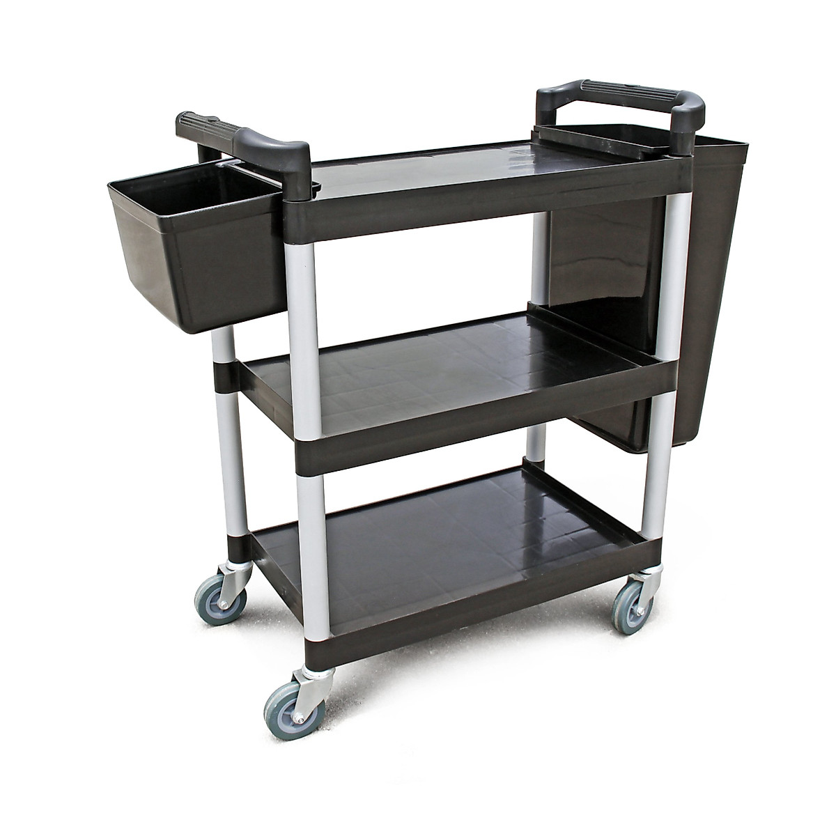 New Star Foodservice 54538 250-Pound Plastic 3-Tier Utility Bus Cart with Locking Casters, 32" x 16" x 38", Black