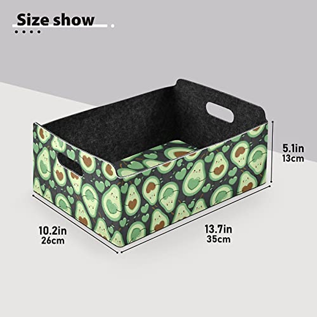 xigua Collapsible Felt Storage Bin, Foldable Storage Box with Handles, Fabric Storage Basket Organizer for Office, Closet, Books, Nursery Toys, Bedroom (Cute Avocado Pattern)
