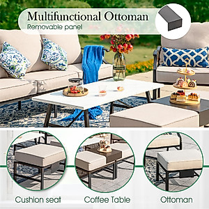 Sophia & William Patio Furniture Sets 5 Pcs Outdoor Metal Conversation Sets 5 Seats with 1 x 3-Seat Sofa, 2 x Cushioned Swivel Sofa Chairs, 2 x Ottomans for Coffee Lawn Backyard Poolside Beige