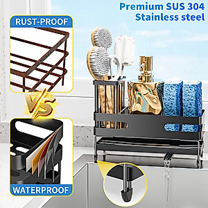 galasily Kitchen Sink Caddy Sponge Holder for Kitchen Sink with Brush Holder and Stainless Steel Self Drain Tray, Rustproof Kitchen Sink Organizer for Sponge, Kitchen Accessories (Black, Large)