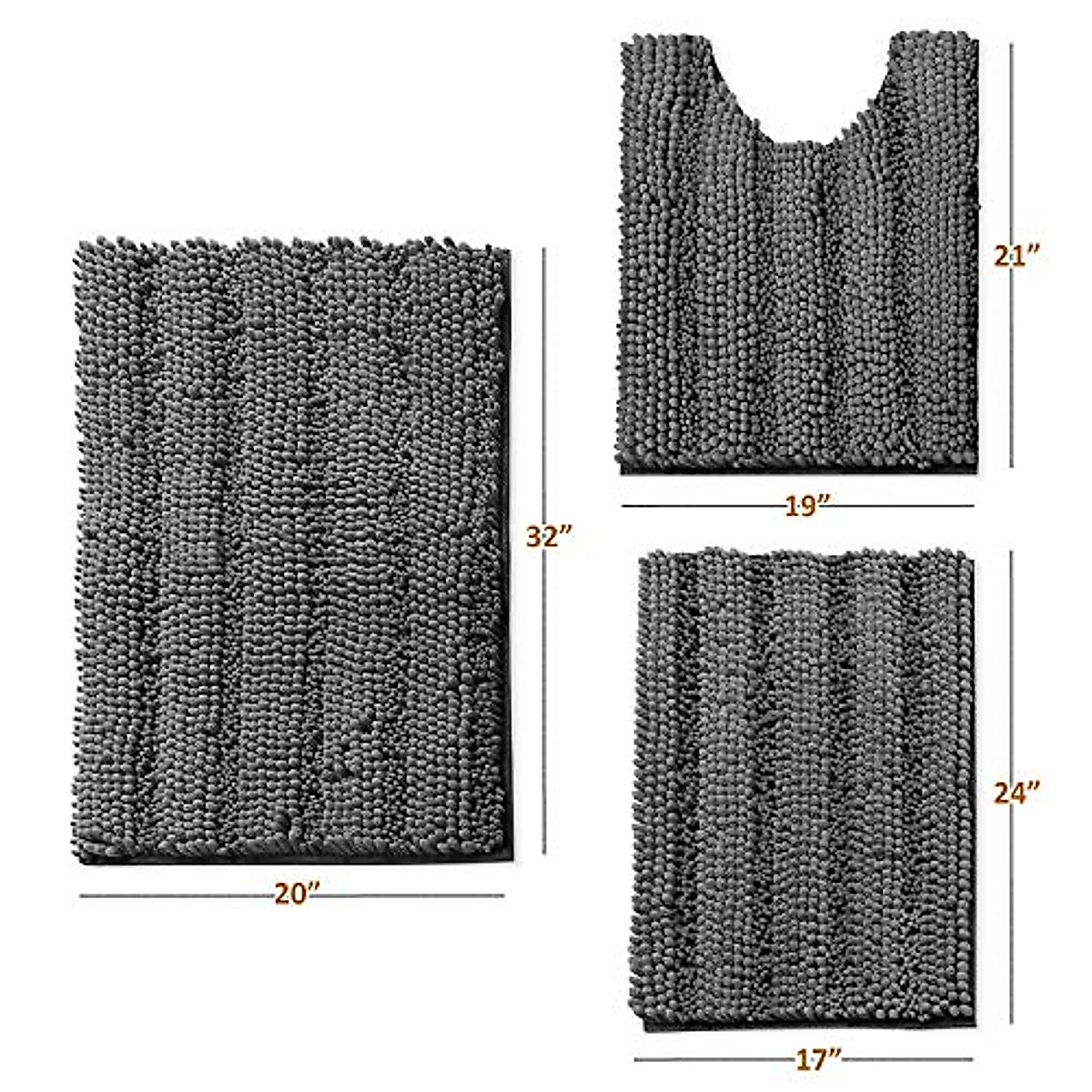 Clara Clark Chenille Bathroom Rugs, Ultra Soft Plush Shaggy Bath Mats for Bathroom, Machine Washable Non Slip Backing Rubber Bath Rug Set, 3 Piece Bathroom Rug Set, Gray