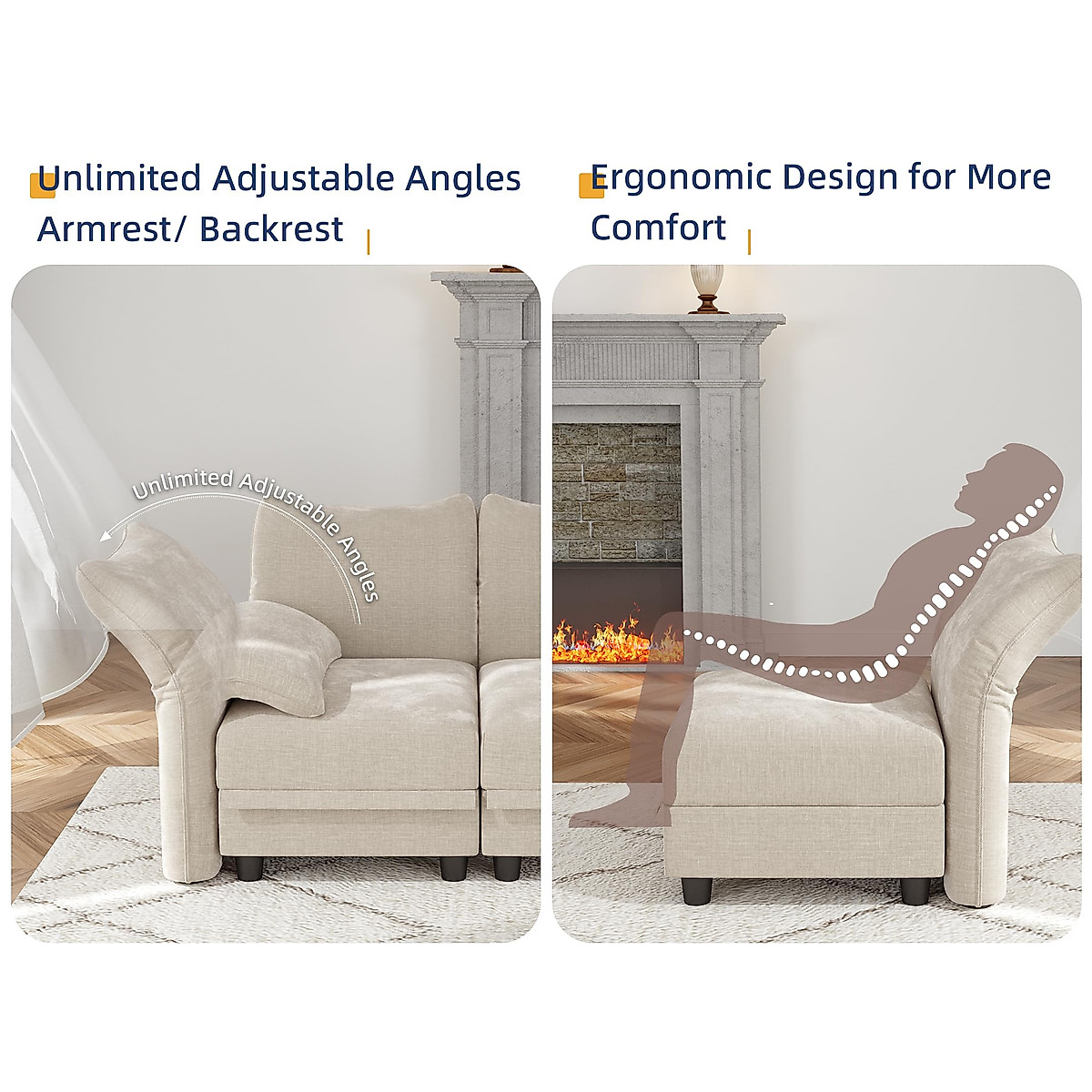 LLappuil 173" L Shaped Sectional Sofa Corner Modular Couches with 2 Diamond Ottoman, 8 Seats Chenille Sectional Couch with Adjustable Armrest Backrest, Khaki