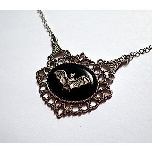 Moon Maiden Jewelry Gothic Victorian Silver Framed Bat Cameo Necklace