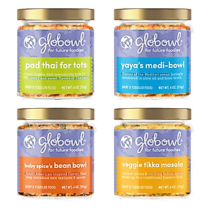 Globowl Stage 3 Baby Food & Toddler Meals, 6+ Months Early Allergen Introduction, Baby Led Weaning, International Whole Food Snacks for Toddlers, Babies, 4 oz Glass Jar, Variety 4-Pack