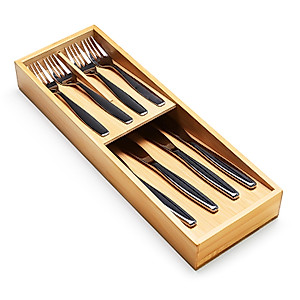 Ollieroo Bamboo Silverware Drawer Organizer, Compact kitchen Drawer Organizer for Flatware, Utensil Holder for Spoons, Forks, Knives, Drawer Organization for Kitchen, Bathroom, Livingroom, Office,1pcs