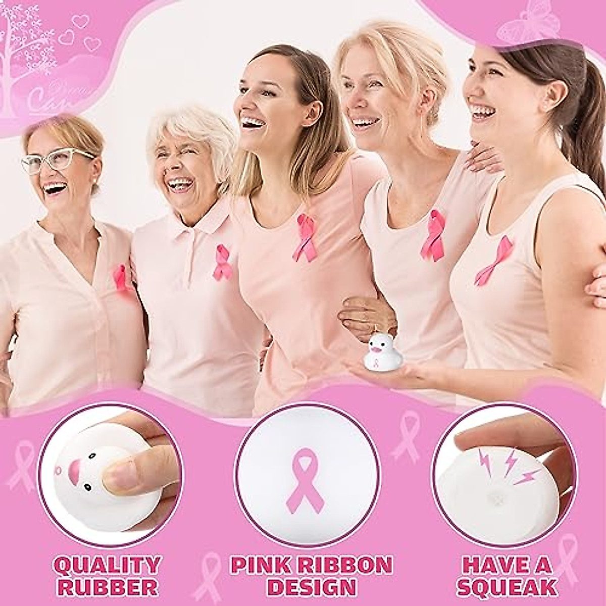 Libima 2 Inch Breast Cancer Awareness Rubber Ducks Bulk White Float Rubber Ducks Mini Rubber Ducks Bath Toy for Bath Baby Shower Birthday Gifts Breast Cancer Party Favors (48 Pcs)