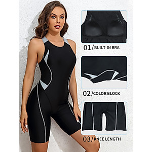 ATTRACO Athletic One Piece Bathing Suits Knee Length Swimsuits Women Racerback Swimwear L