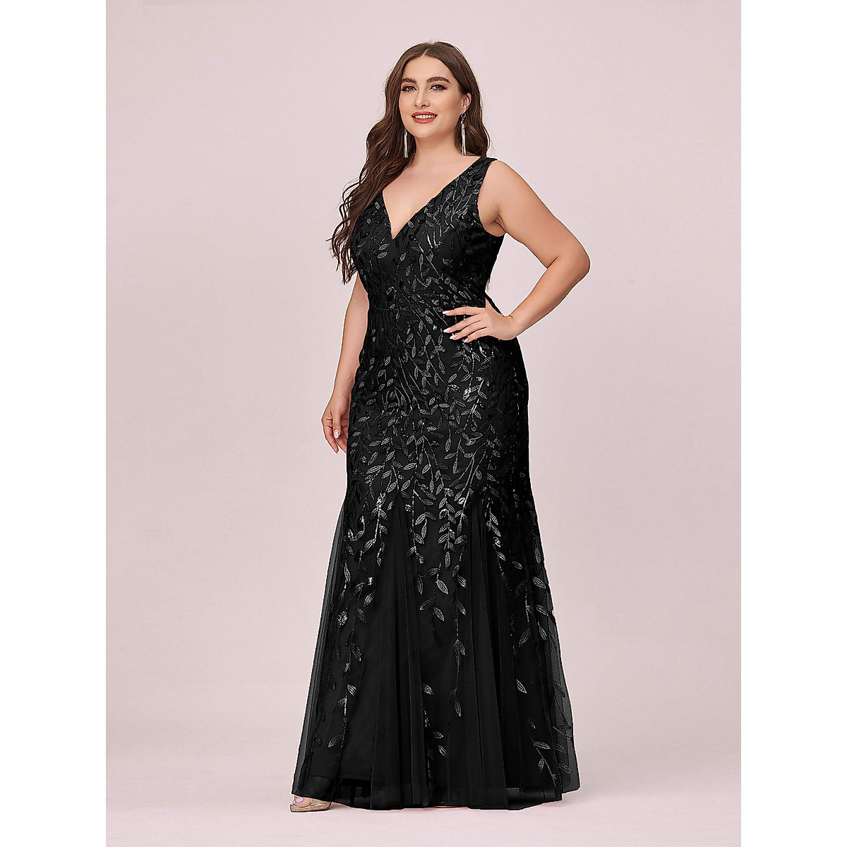 Ever-Pretty Women's V-Neck Embroidered Lace Floor Length Plus Size Mermaid Dress Black US18