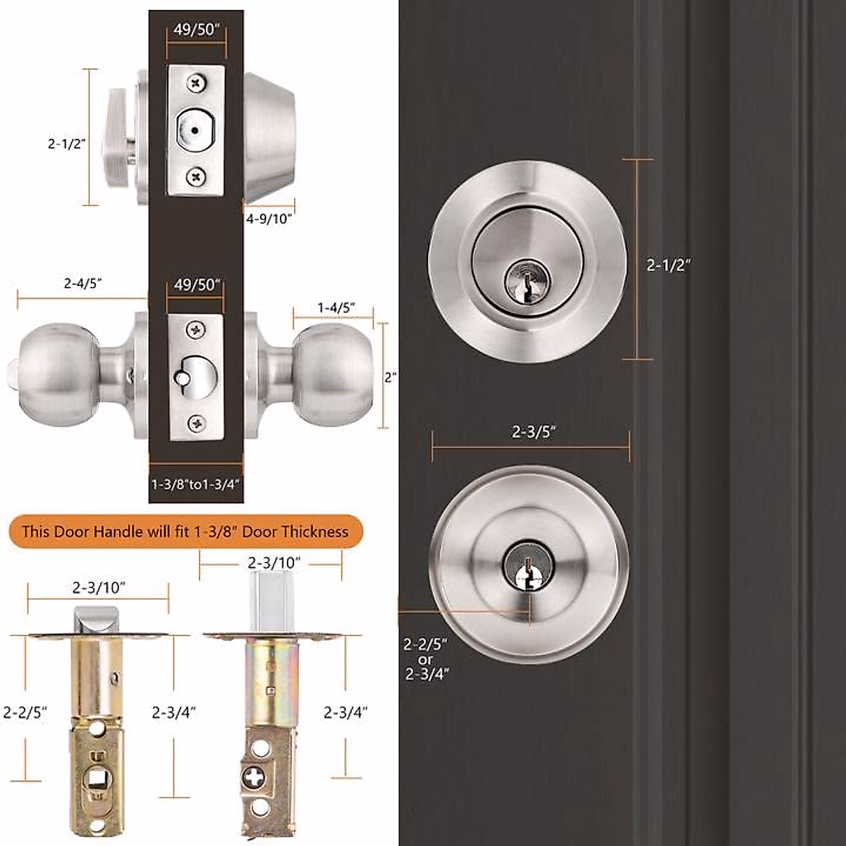 Probrico 3 Pack-Entry Door Knob and Deadbolt Lock Set, handleset with Single Cylinder Deadbolt Keyed Alike Combo Pack, Right or Left Handed, Entry Door Lever Exterior and Interior