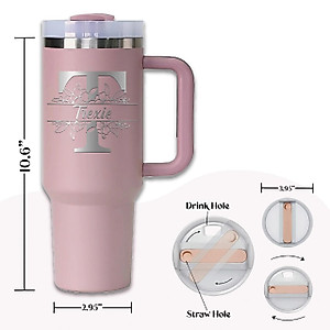 Customized Engraved Personalized 40oz Insulated Tumbler Cup Mug with Handle and Straw, Custom Name Text Logo Laser Engraving Birth Flower Monogram Gift (Initial Monogram with Custom Text)
