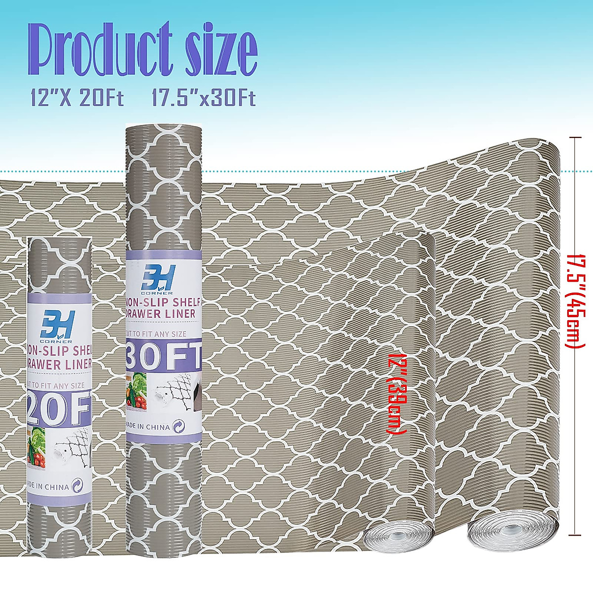 BHCORNER 12" x 20Ft Kitchen Cabinet Liners for Shelves ,Grey Shelf Liners for Kitchen cabinets Non-Adhesive ,Waterproof Drawer Liners and copboard Liner.Durable Contact Paper for cabinets,Dresses.