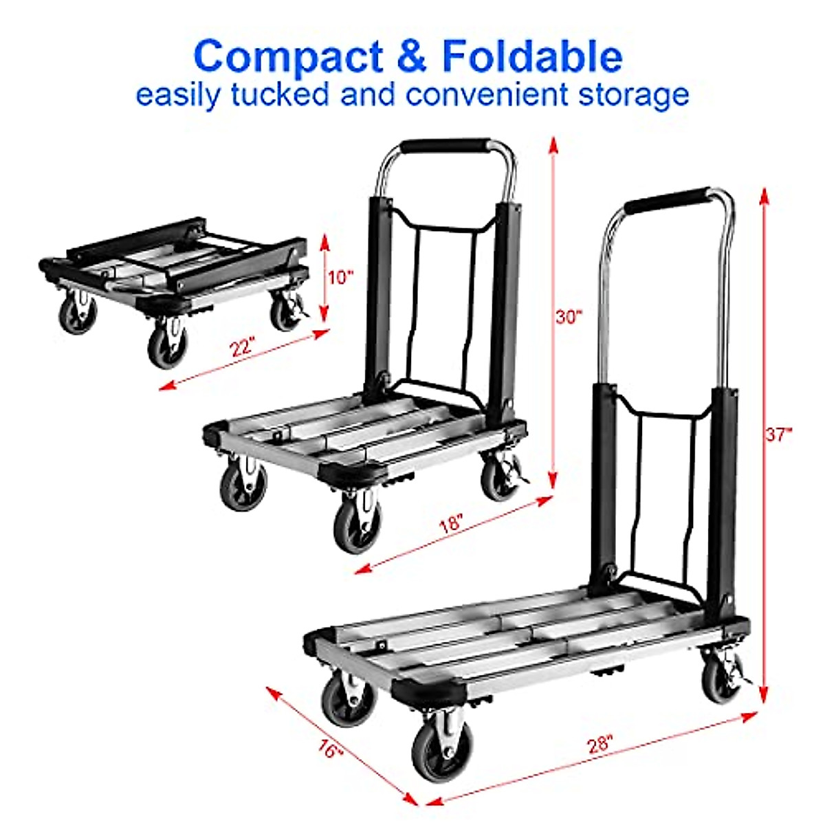 Foldable Platform Cart, Heavy Duty Aluminum Metal Hand Truck Folding Push Carts for Luggage Moving Transportation, 4 Rubber Wheels, 330LB Load Capacity, Come with Bungee Cord