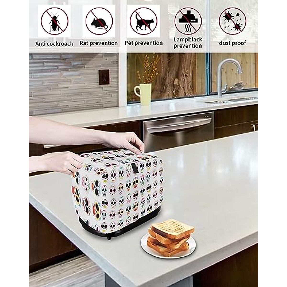 Toaster Cover, 2 Slice Toaster Cover Halloween Sugar Skull Day of The Dead Pattern Kitchen Small Appliance Covers, Dust and Machine Washable Bread Maker Cover (12w X 7.5d X 8h)