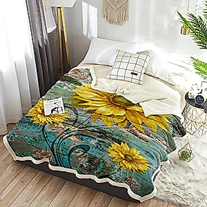 AmbeHome Luxury Sherpa Fleece Blanket, Floral Sherpa Blanket Fuzzy Throw Blanket Soft Plush Blankets and Throws for Bed Sofa, 50x60 Sunflower Summer Plant Retro Backdrop