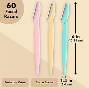 Glamlily 60-Pack Eyebrow Facial Razor for Women, Multipurpose Dermaplane Hair Remover Trimmer Tool, Colorful Shaving Tool Bulk Set, Disposable Self-Care (3 Colors, 6x1.4 In)