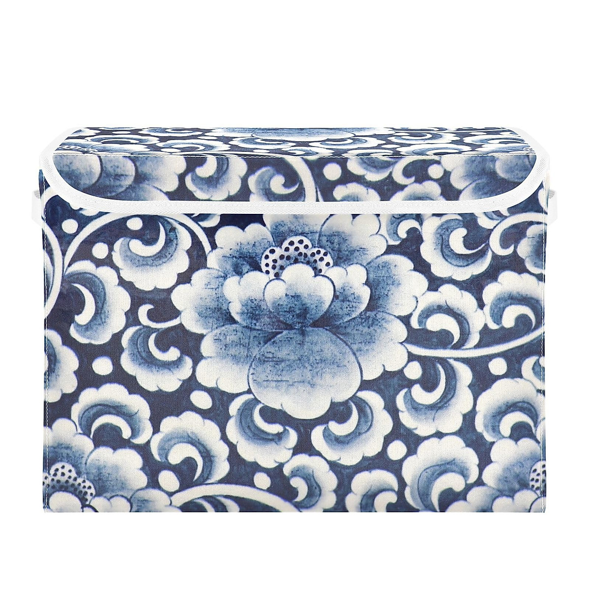 VIGTRO Blue and White Flower Storage Bins with Lids Foldable Storage Boxes with 2 Handles, Chinese Tradition Decorative Storage Basket Collapsible for Clothes Books