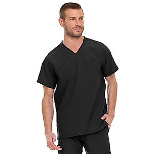 MediChic Men's V-Neck Hi-Low Top with One Chest Pocket and Mesh Gusset, Black, Size Large