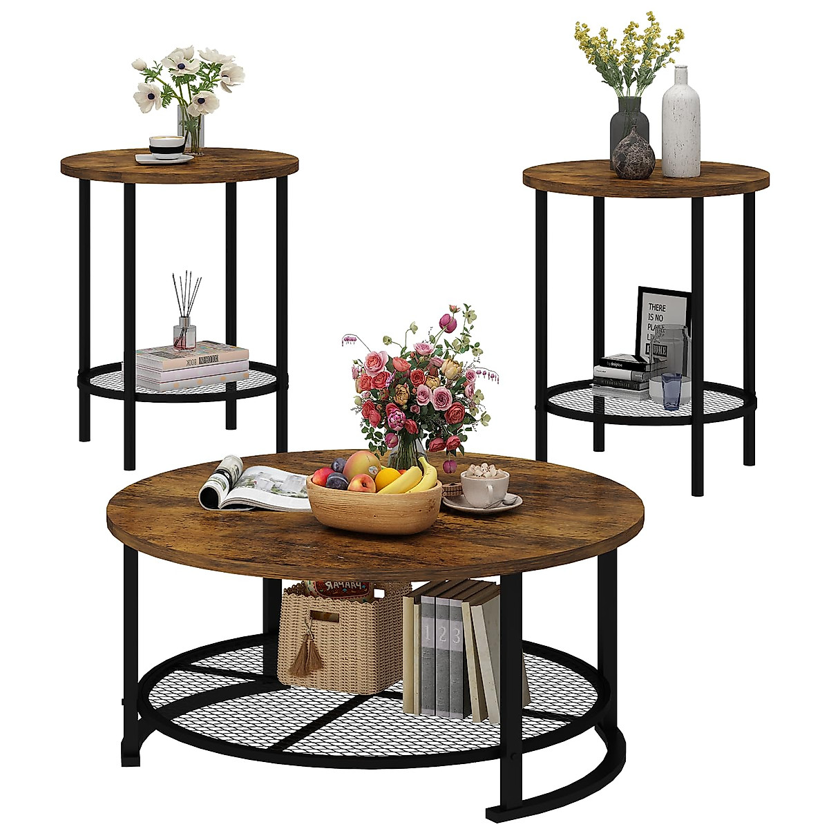 Recaceik Coffee Table Set, Coffee Table & Two End Side Table, Modern 3-Piece Living Room Table Set for Office, Living Room, Apartment, Small Space, Easy Assembly Furniture, Rustic Brown