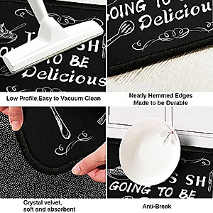 Faptoena Black Kitchen Rugs and Mats Sets of 2, Funny Kitchen Decoration Rubber Backing Non-Slip Absorbent Mats for Sink Waterproof Runner Rug for Laundry Room 17x30+17x48inch