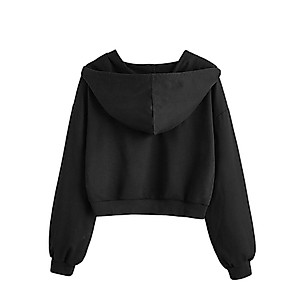 Verdusa Women's Long Sleeve Drop Shoulder Drawstring Crop Hoodie Sweatshirt Black M