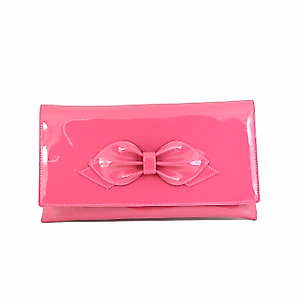 LONI Womens Gorgeous Faux Patent Bow Clutch/Shoulder Bag Wedding Prom Bag Medium Size in hot fuschia pink