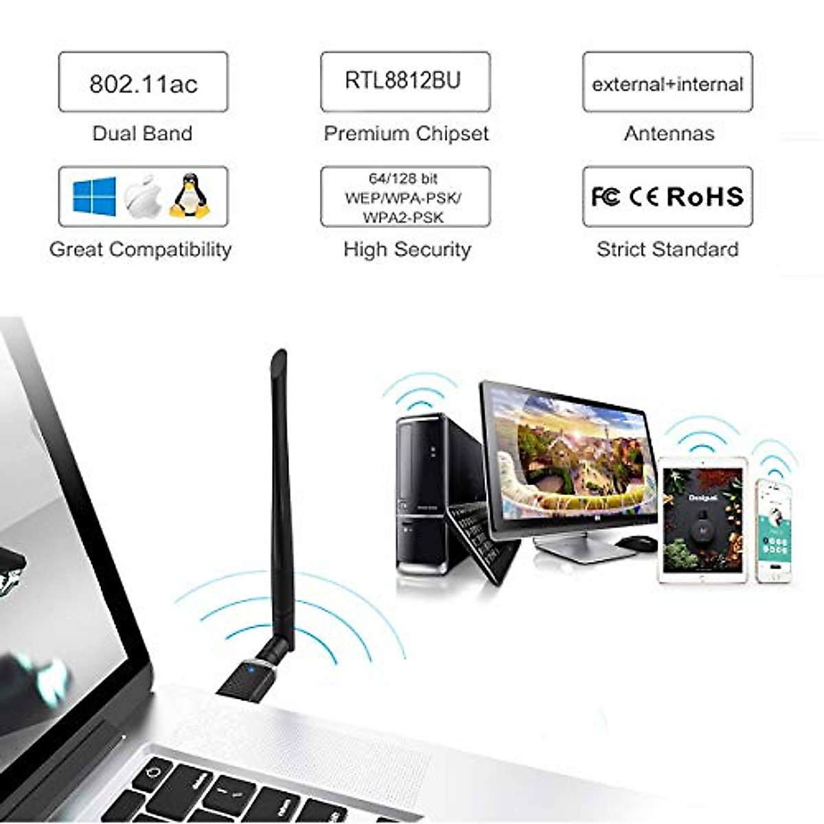 EDUP USB 3.0 Wi-Fi Adapter AC1300Mbps WiFi Dongle 802.11 ac Wireless Network Adapter with Dual Band 2.4GHz/ 5.8GHz 5dBi Antenna for Desktop Windows XP/Vista / 7/8.1/10 / Mac 10. 6-10.15
