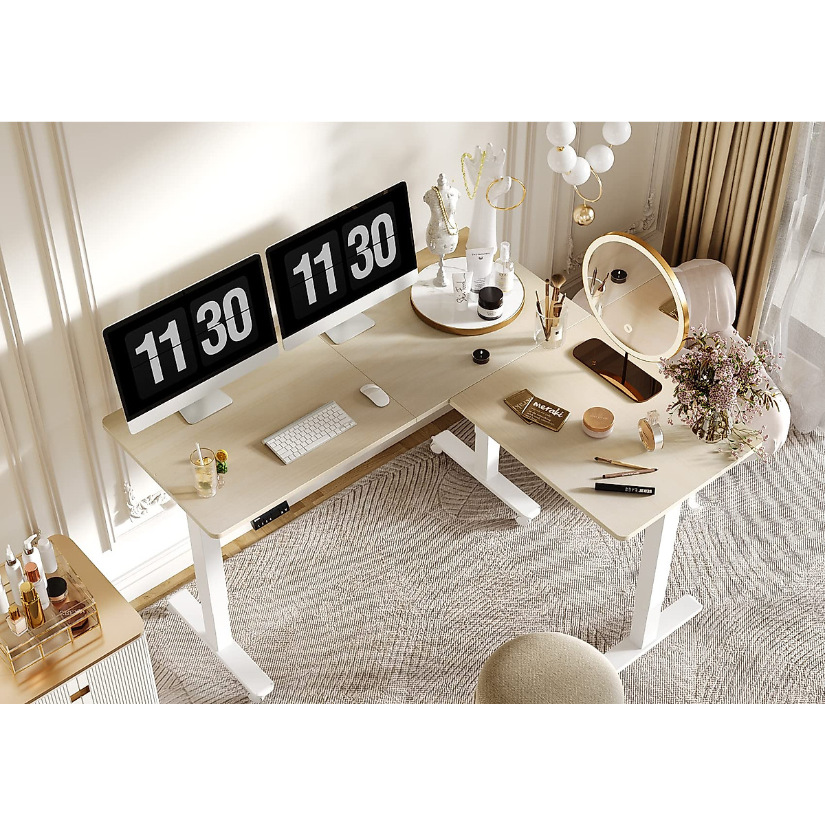 Claiks Triple Motor L Shaped Standing Desk, 63 x 55 inch Corner Stand Up Desk, Adjustable Height Desk with Splice Board, White Frame/Nature Top