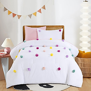 HOMBYS Pom Poms Bedding Comforter Set for Girls, 5 Piece White Pink Boho Kids Comforter Set for All Season，Twin/Twin XL Size
