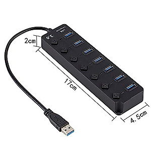 Lysee USB Cables - USB 3.0 HUB Splitter 7 Ports w/ On/Off Switches Plug and Play High Speed 5Gbps Micro Multiple USB Port Expander for PC Computer - (Length: < =0.5m)