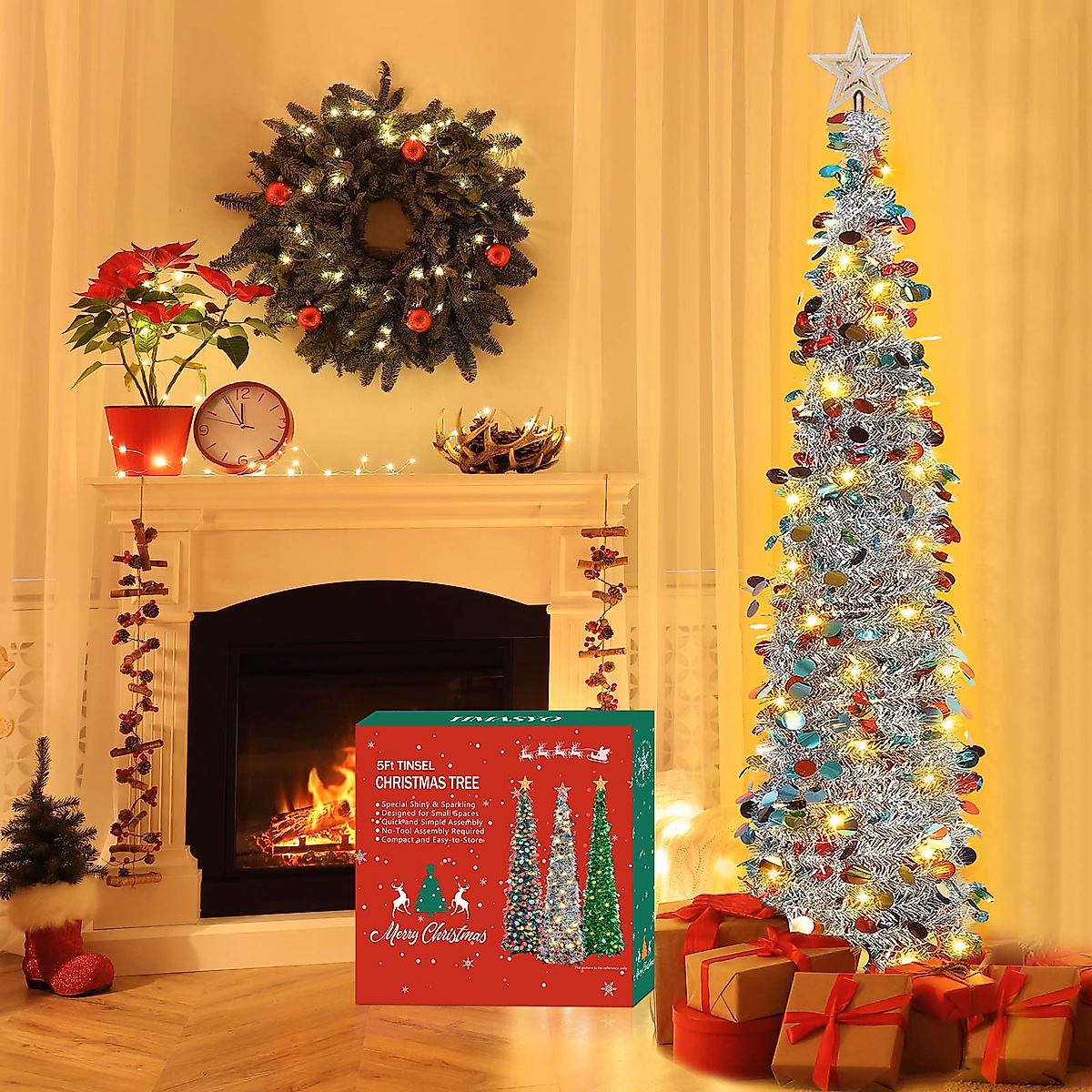 2Pcs Pop Up Christmas Tree with 50 Warm Lights 3D Topper Star - Collapsible Glitter Tinsel Artificial Christmas Pencil Trees Holiday Xmas Decoration for Indoor Home Office